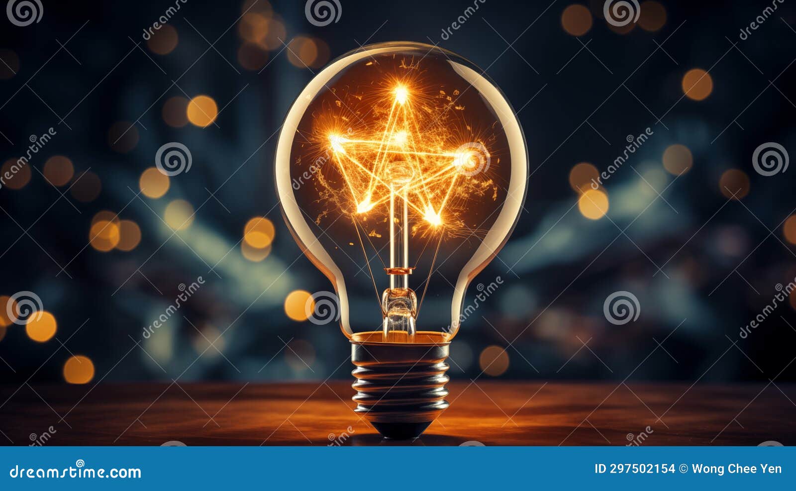 Glowing Star Light Bulb Wooden Blurred Backgroundd Stock Illustration ...