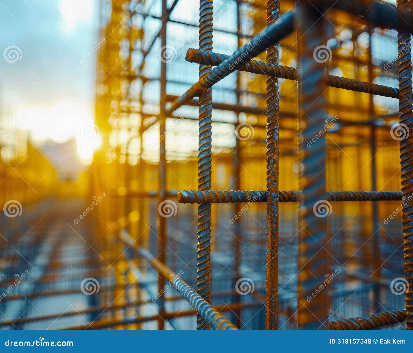 Glowing Sunset Behind Construction Site with Steel Rebar Grid Framework ...