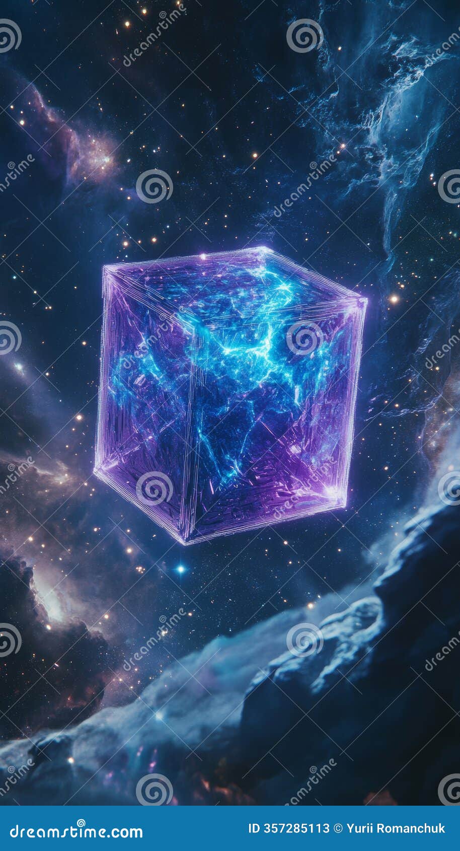 A Glowing Tesseract in a Cosmic Void Surrounded by Nebulae, Stars, and ...