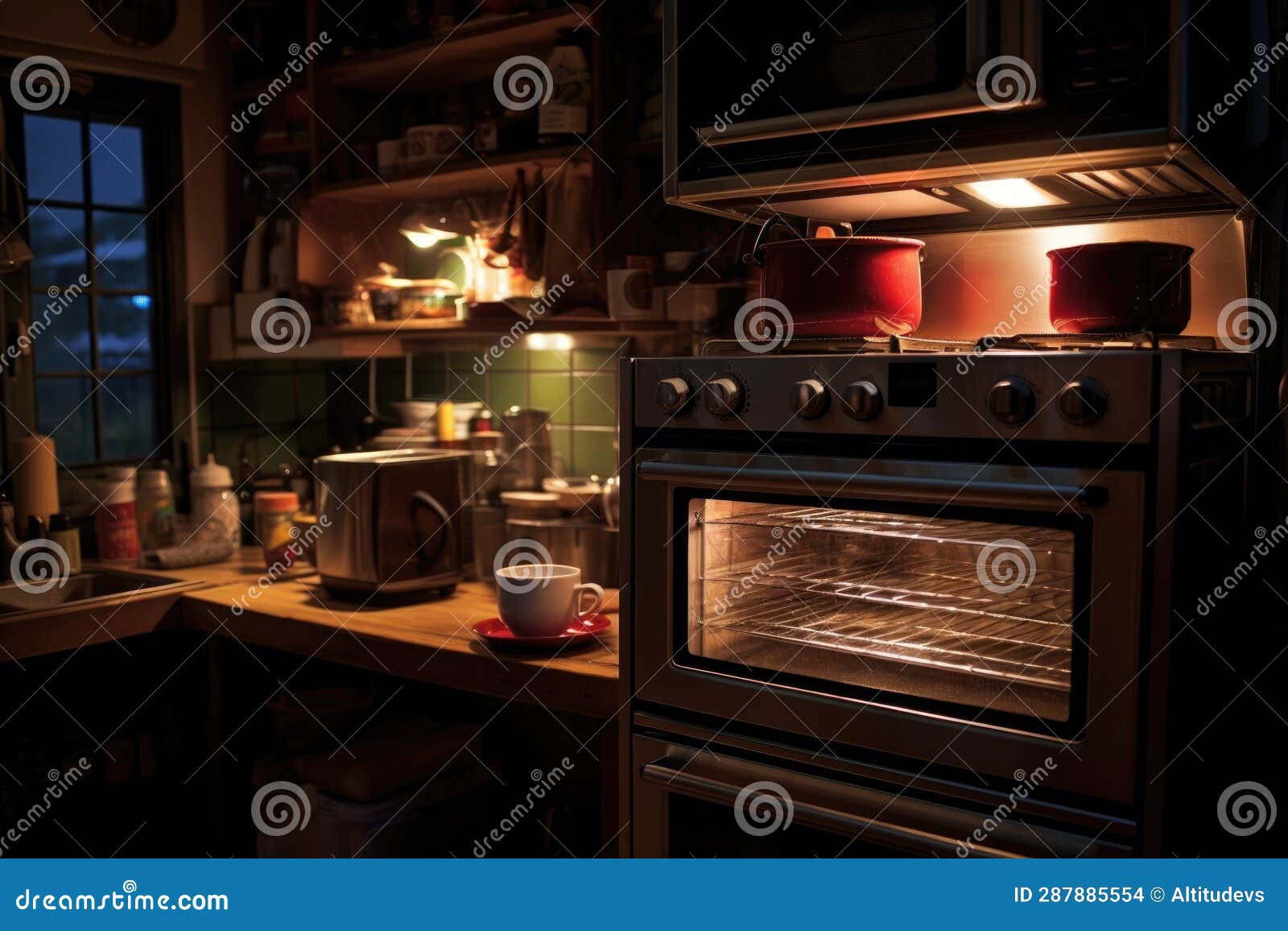 Glowing Toaster Oven in a Dimly Lit Kitchen for a Cozy Ambiance Stock ...