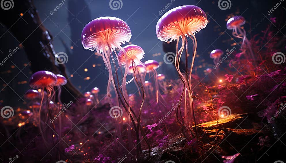 The Glowing, Translucent Fish Swim in the Deep, Dark Sea Generated by ...