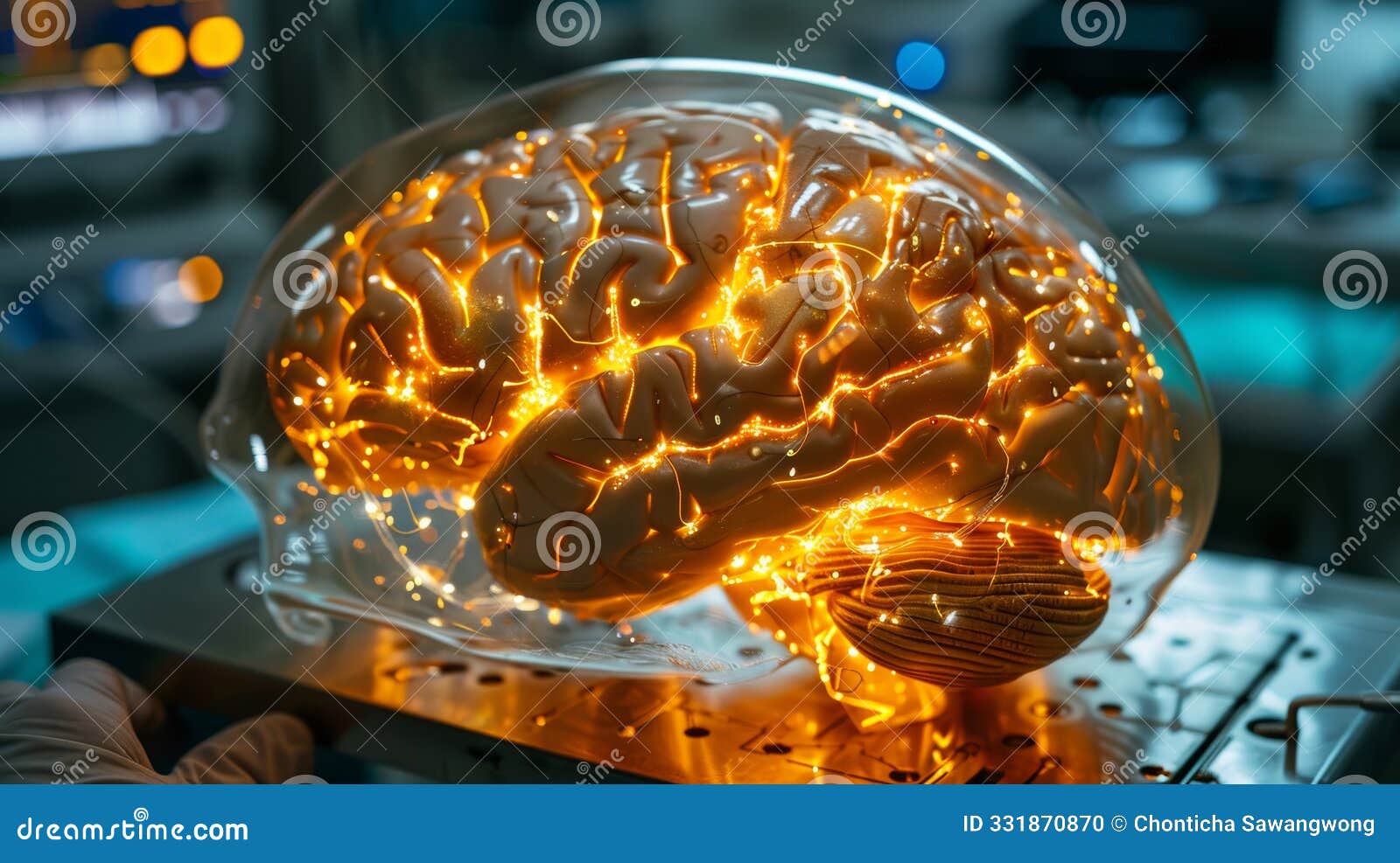 A Glowing, Transparent Brain Model on a Metallic Surface. the Internal ...