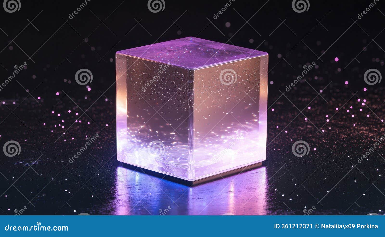 Glowing Transparent Cube with Interstellar Particles on Dark Surface ...