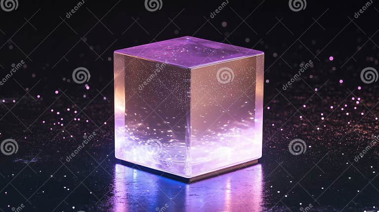 Glowing Transparent Cube with Interstellar Particles on Dark Surface ...