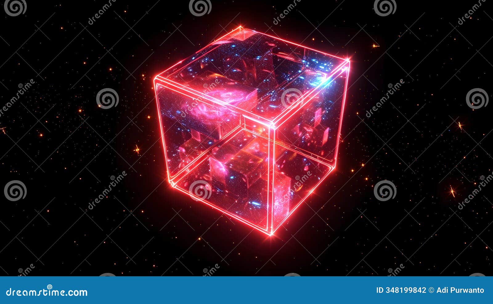 A Glowing, Transparent Cube with Vibrant Cosmic Patterns Against a Dark ...