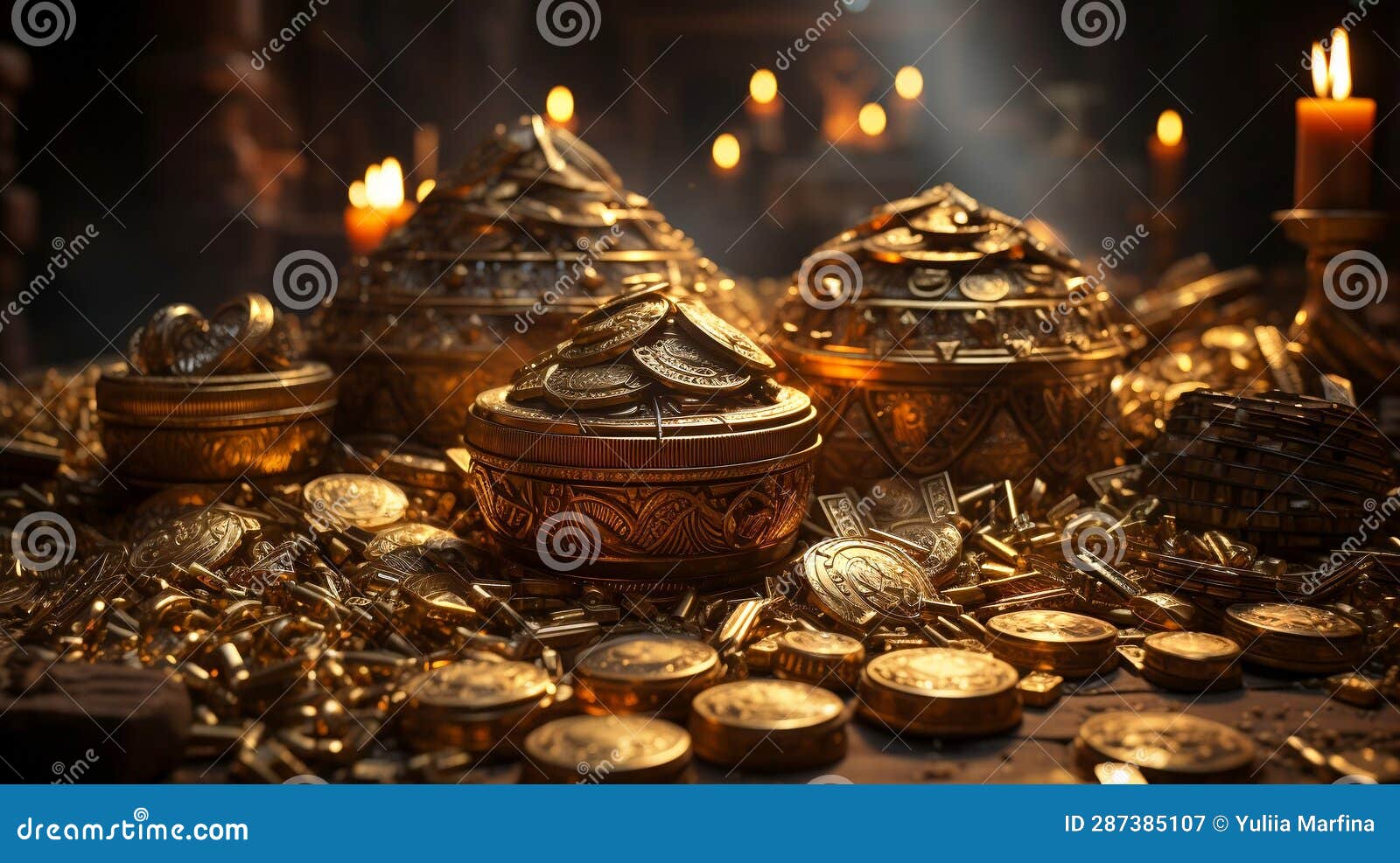 Glowing Treasure in a Room with Piles of Gold. Stock Illustration ...