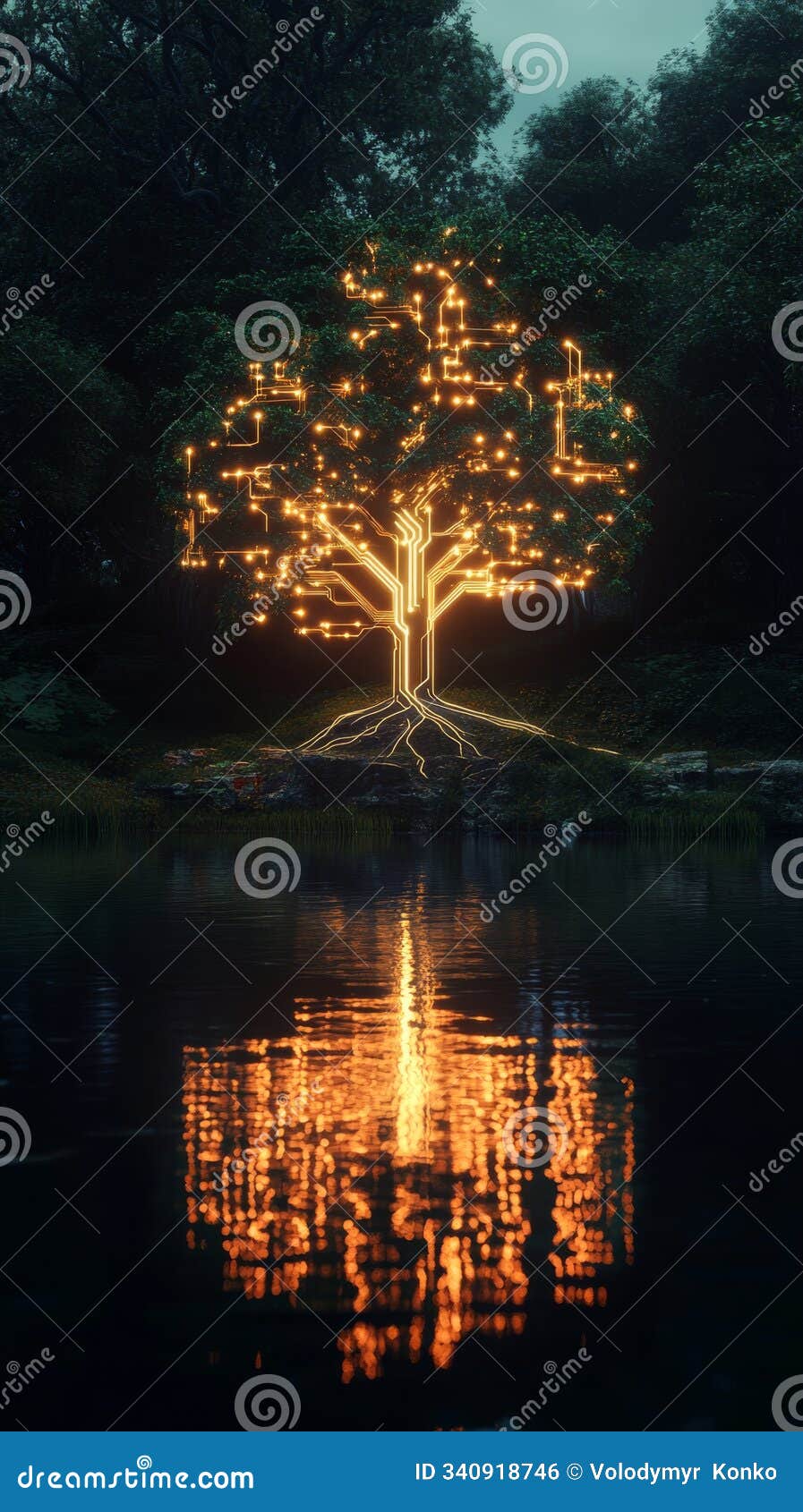 Glowing Tree with Circuit Branches Reflected in Water, Digital Art ...