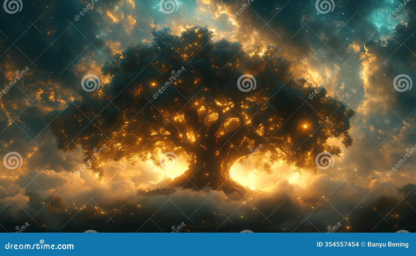 Glowing Tree in Fantasy Night Sky with Clouds Stock Illustration ...
