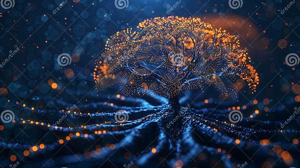 Glowing Tree of Life on Blue Background, Branches are Connected by ...
