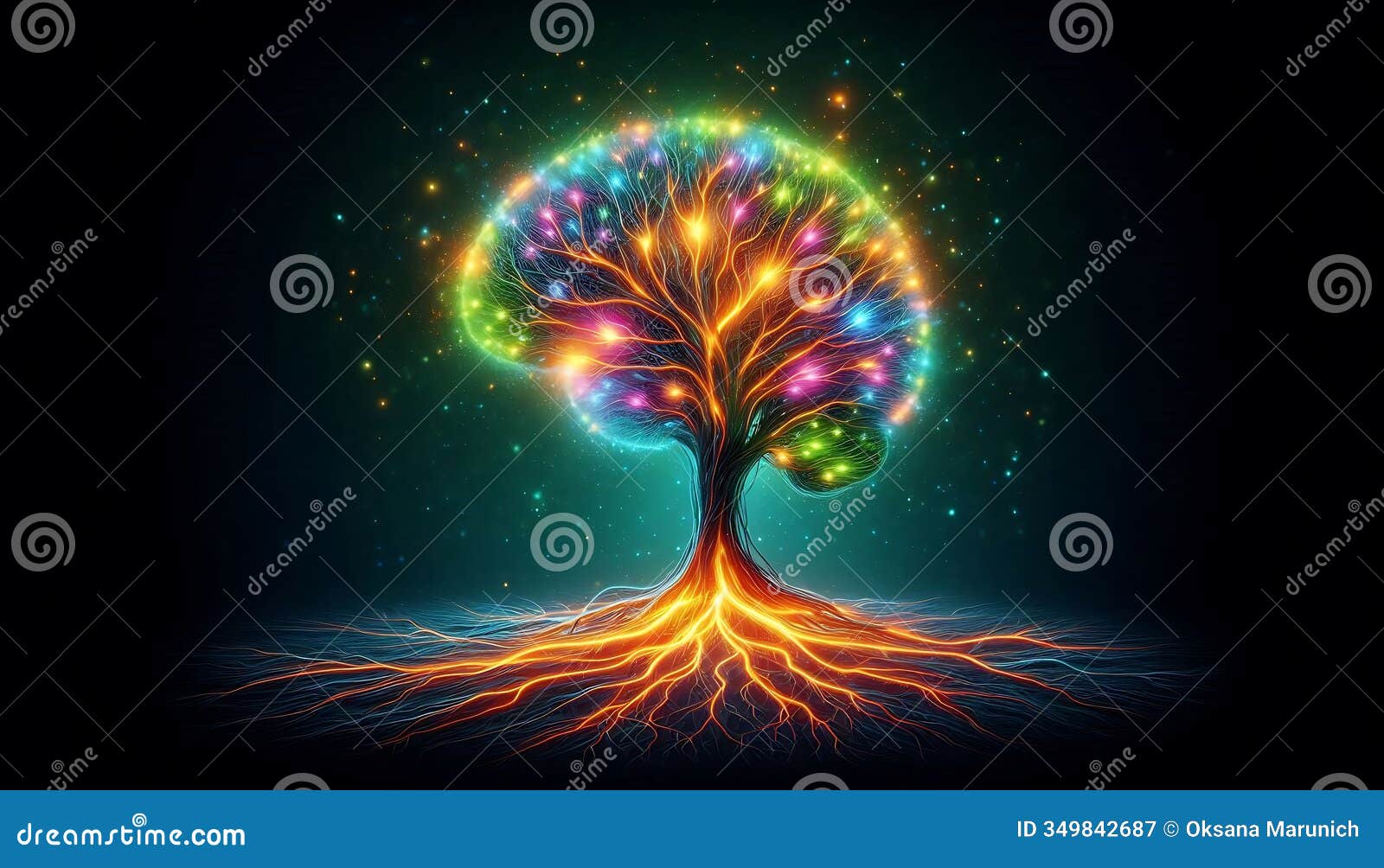 Glowing Tree with Vibrant Roots Forming a Brain Shape, Symbolizing ...