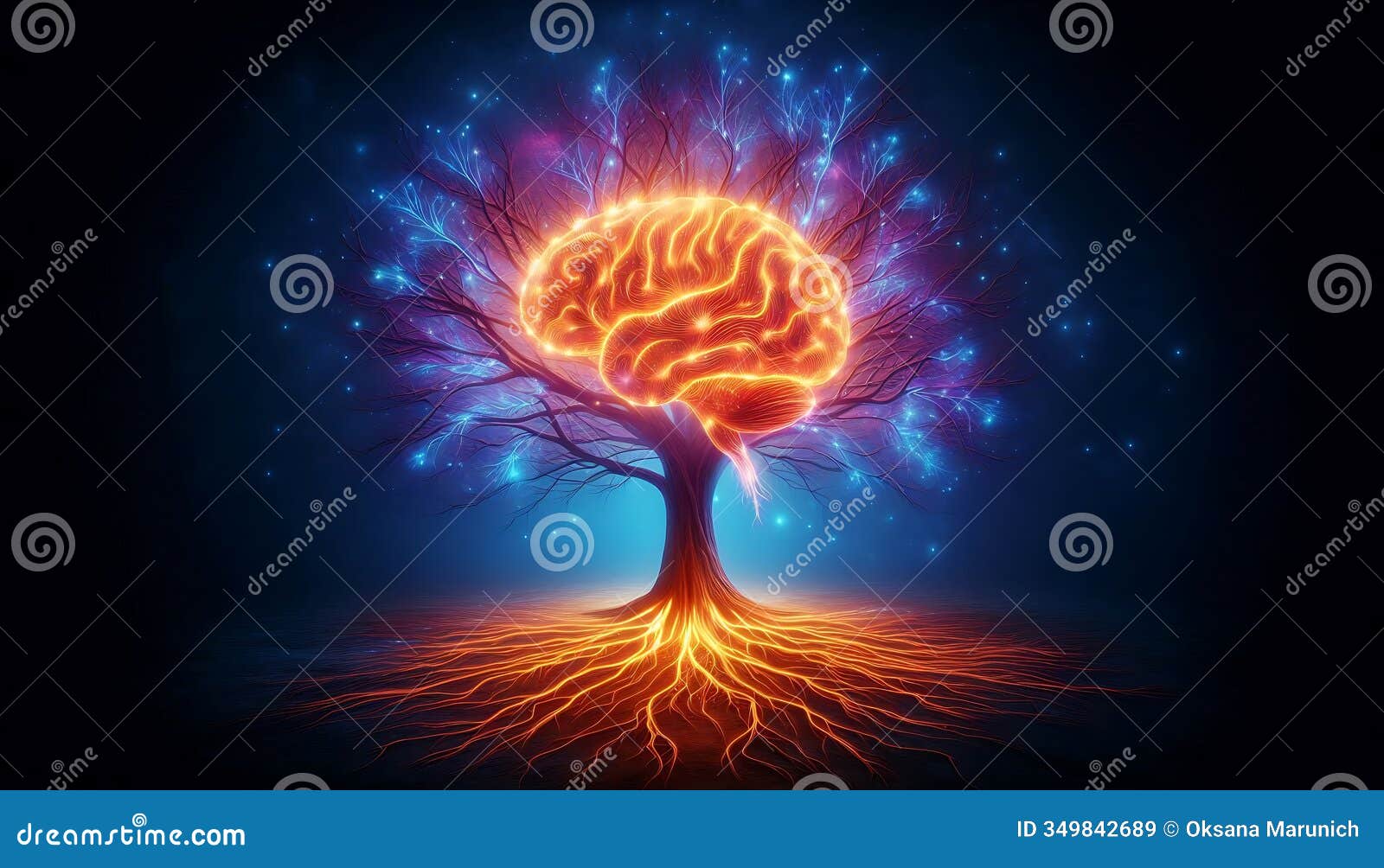 Glowing Tree with Vibrant Roots Forming a Brain Shape, Symbolizing ...