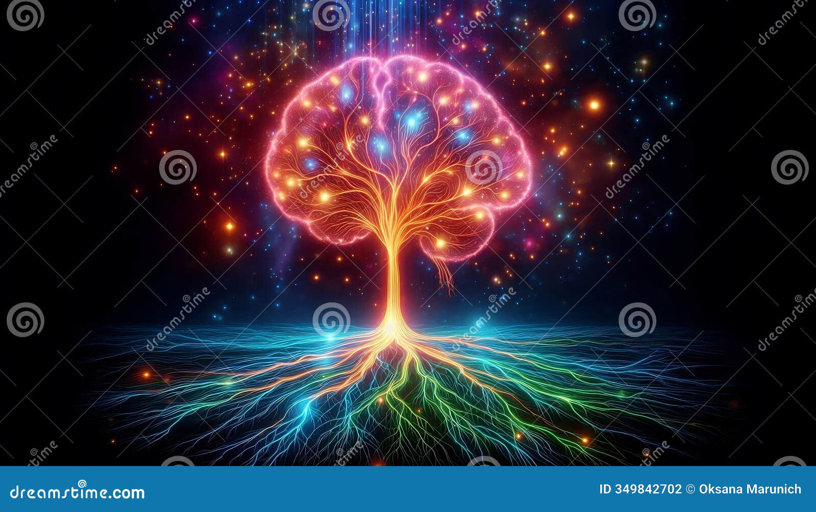 Glowing Tree with Vibrant Roots Forming a Brain Shape, Symbolizing ...