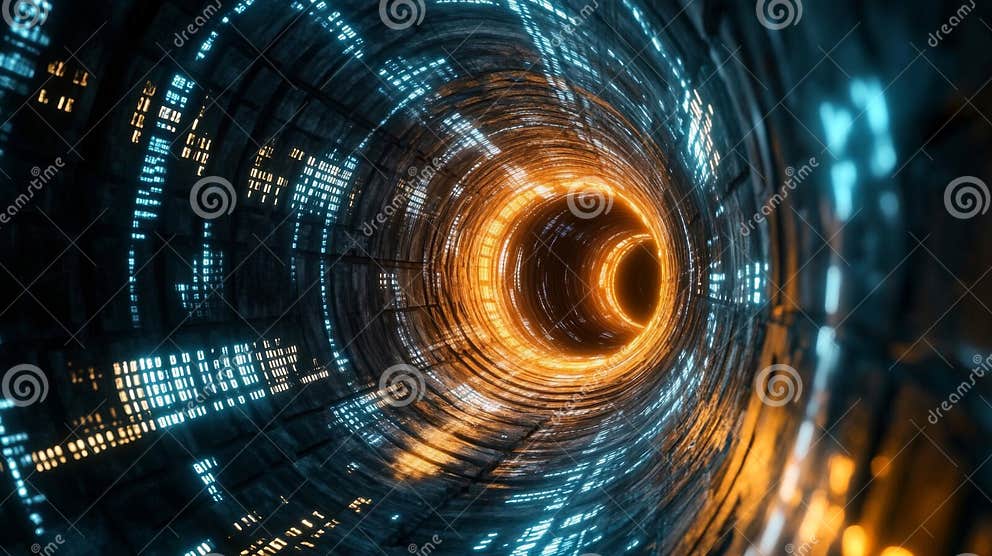 A Glowing Tunnel with Digital Codes and Orange Light Stock Illustration ...