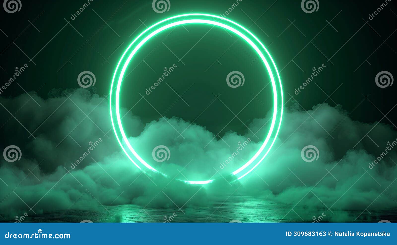 Glowing Turquoise Neon Circle in the Middle of Clouds and Smoke on ...