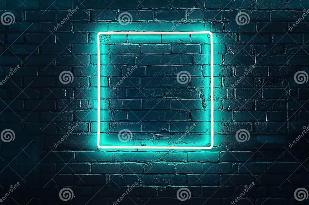 Turquoise Neon Light Frame on Dark Brick Wall Background with Copy ...