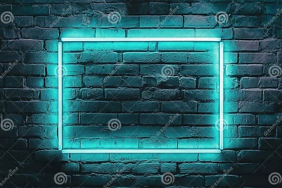 Turquoise Neon Light Frame on Dark Brick Wall Background with Copy ...