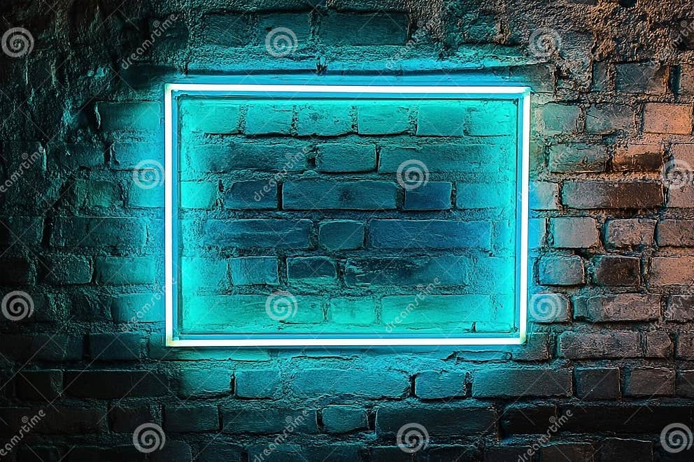 Turquoise Neon Light Frame on Dark Brick Wall Background with Copy ...