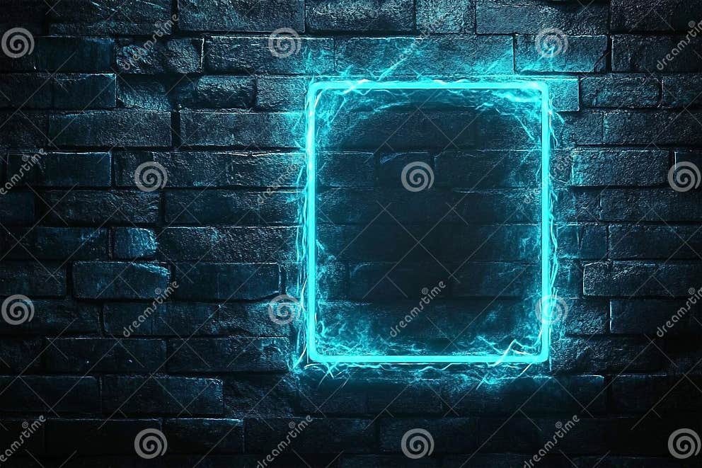 Turquoise Neon Light Frame on Dark Brick Wall Background with Copy ...