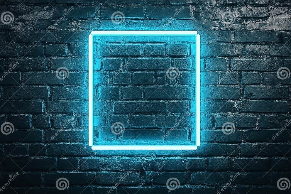 Turquoise Neon Light Frame on Dark Brick Wall Background with Copy ...