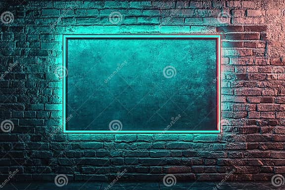 Turquoise Neon Light Frame on Dark Brick Wall Background with Copy ...