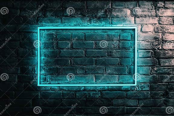 Turquoise Neon Light Frame on Dark Brick Wall Background with Copy ...