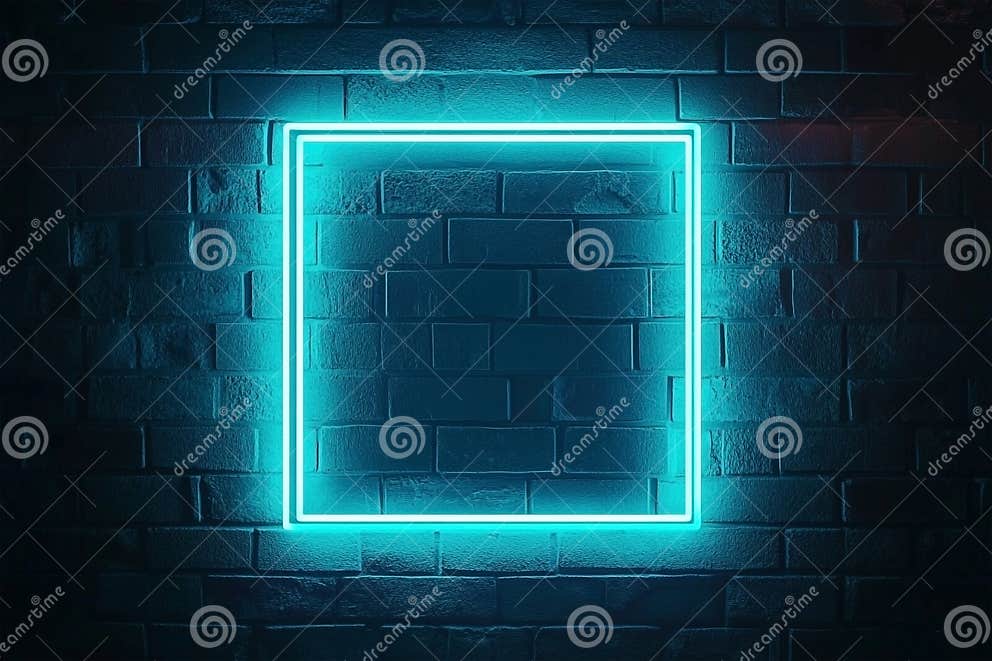 Turquoise Neon Light Frame on Dark Brick Wall Background with Copy ...