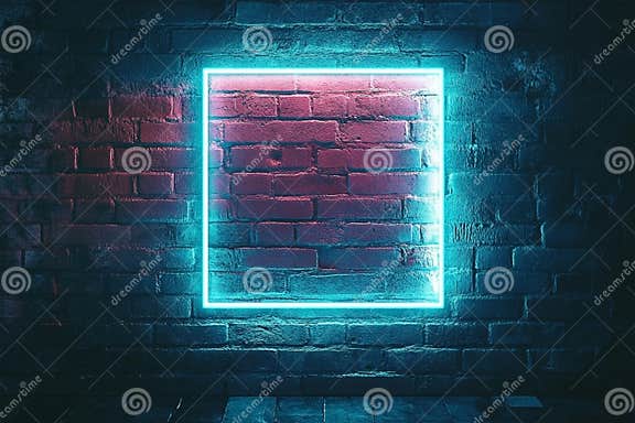 Turquoise Neon Light Frame on Dark Brick Wall Background with Copy ...