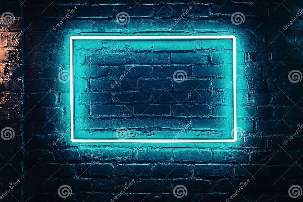 Turquoise Neon Light Frame on Dark Brick Wall Background with Copy ...