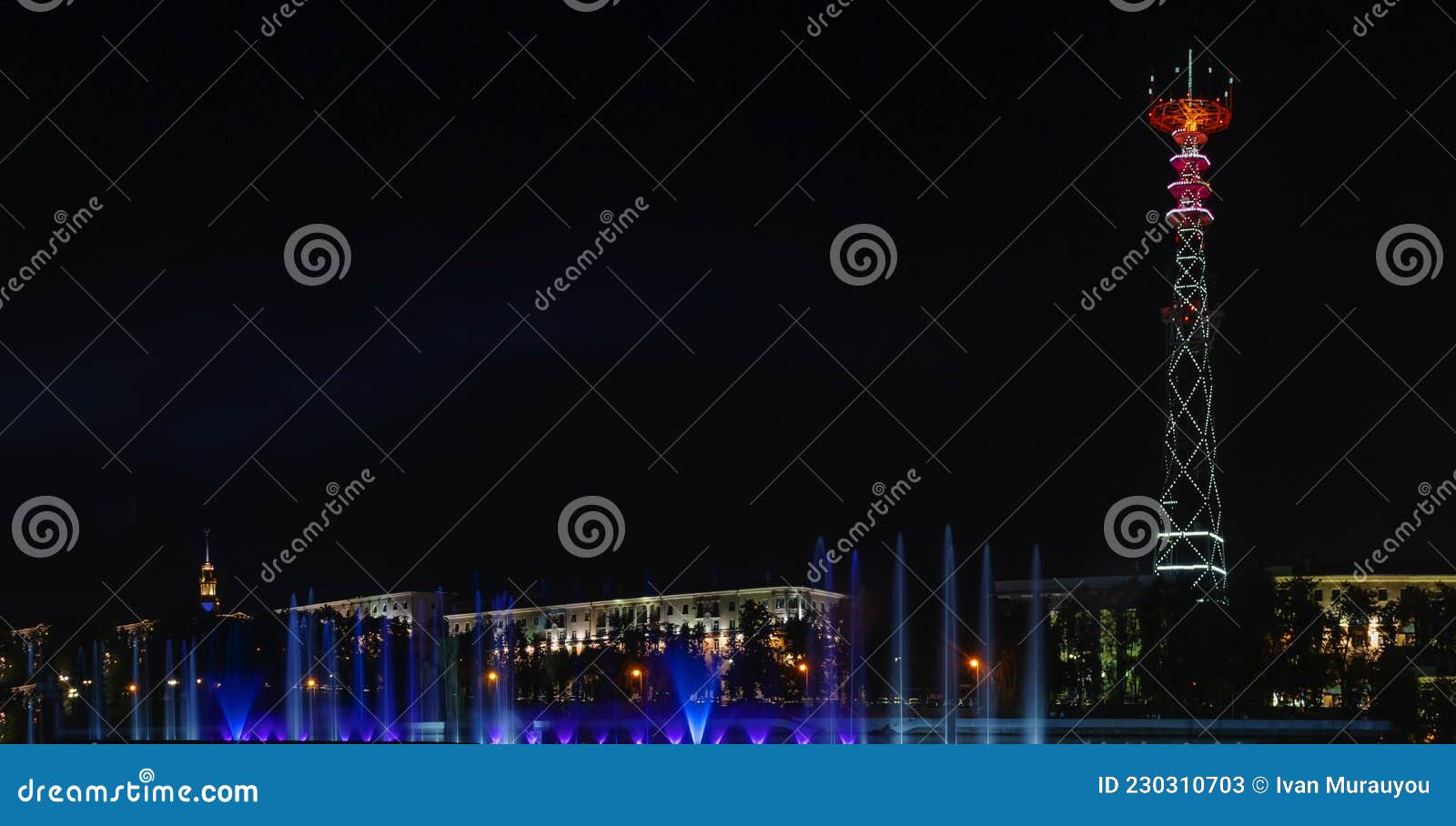 Glowing TV Tower at Night. Festive Illuminated Broadcast Tower. Space ...
