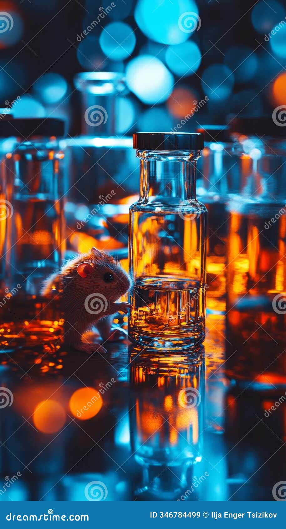 Glowing Vials, Scientific Glassware, and Laboratory Rat in a Blue and ...