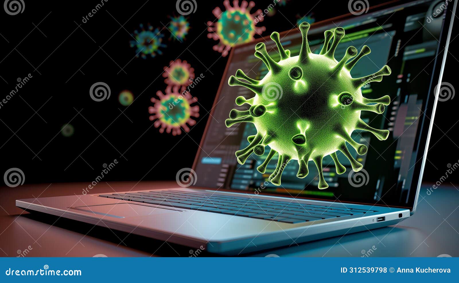 Glowing Virus Particles Above a Laptop Stock Illustration ...