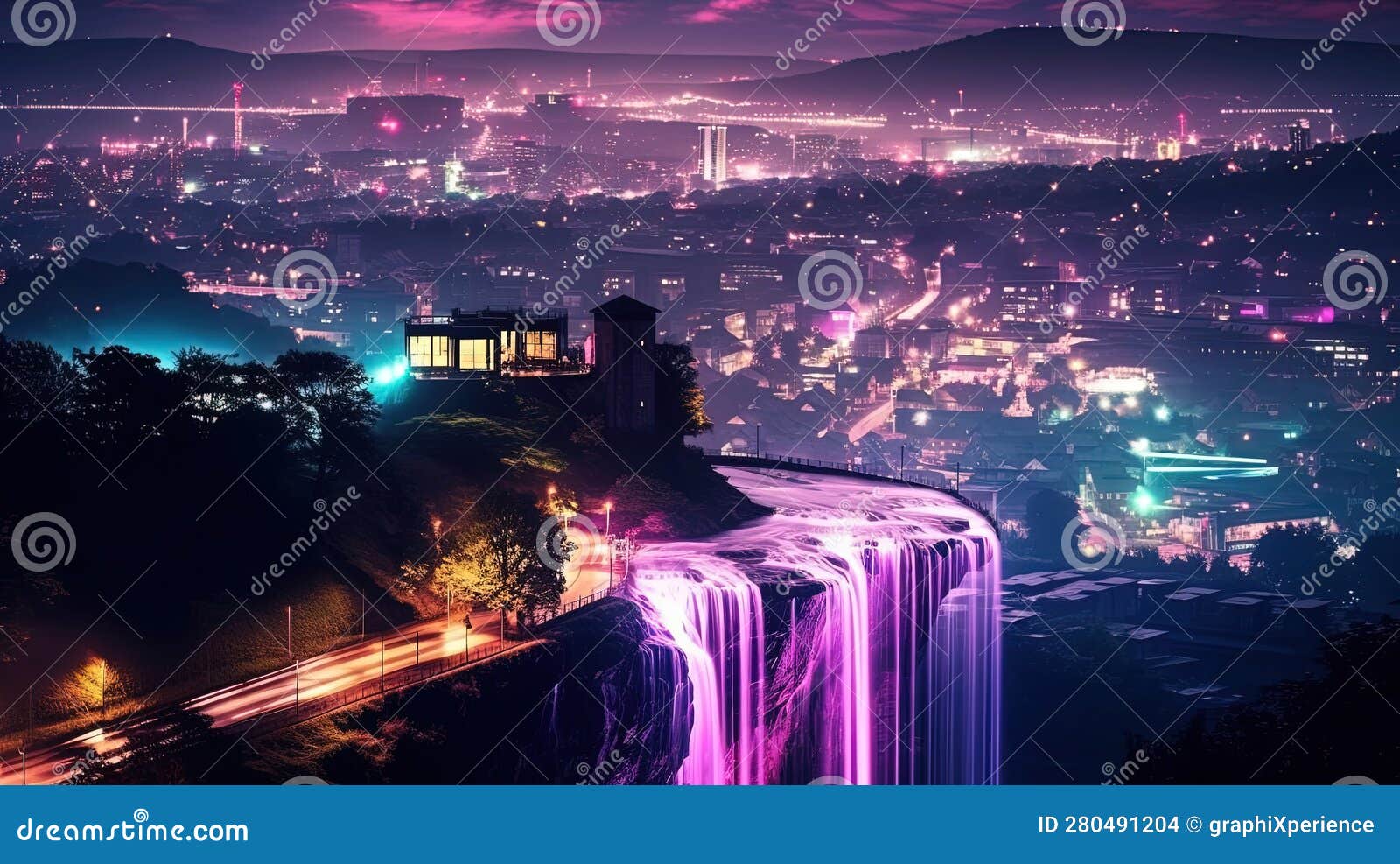 Glowing Waterfall at Night Illustration Stock Illustration ...