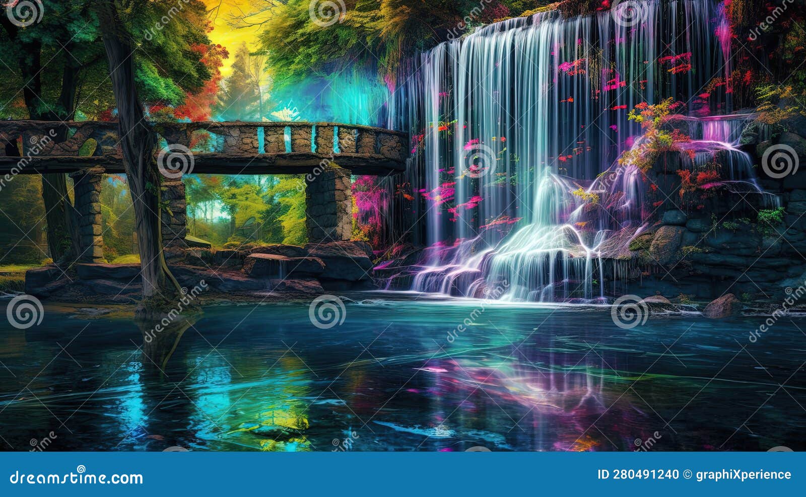 Glowing Waterfall at Night Illustration Stock Illustration ...