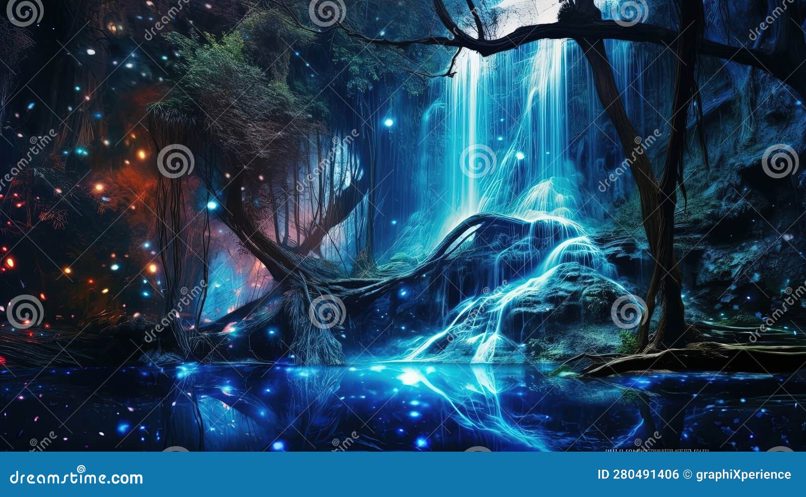 Glowing Waterfall at Night Illustration Stock Illustration ...