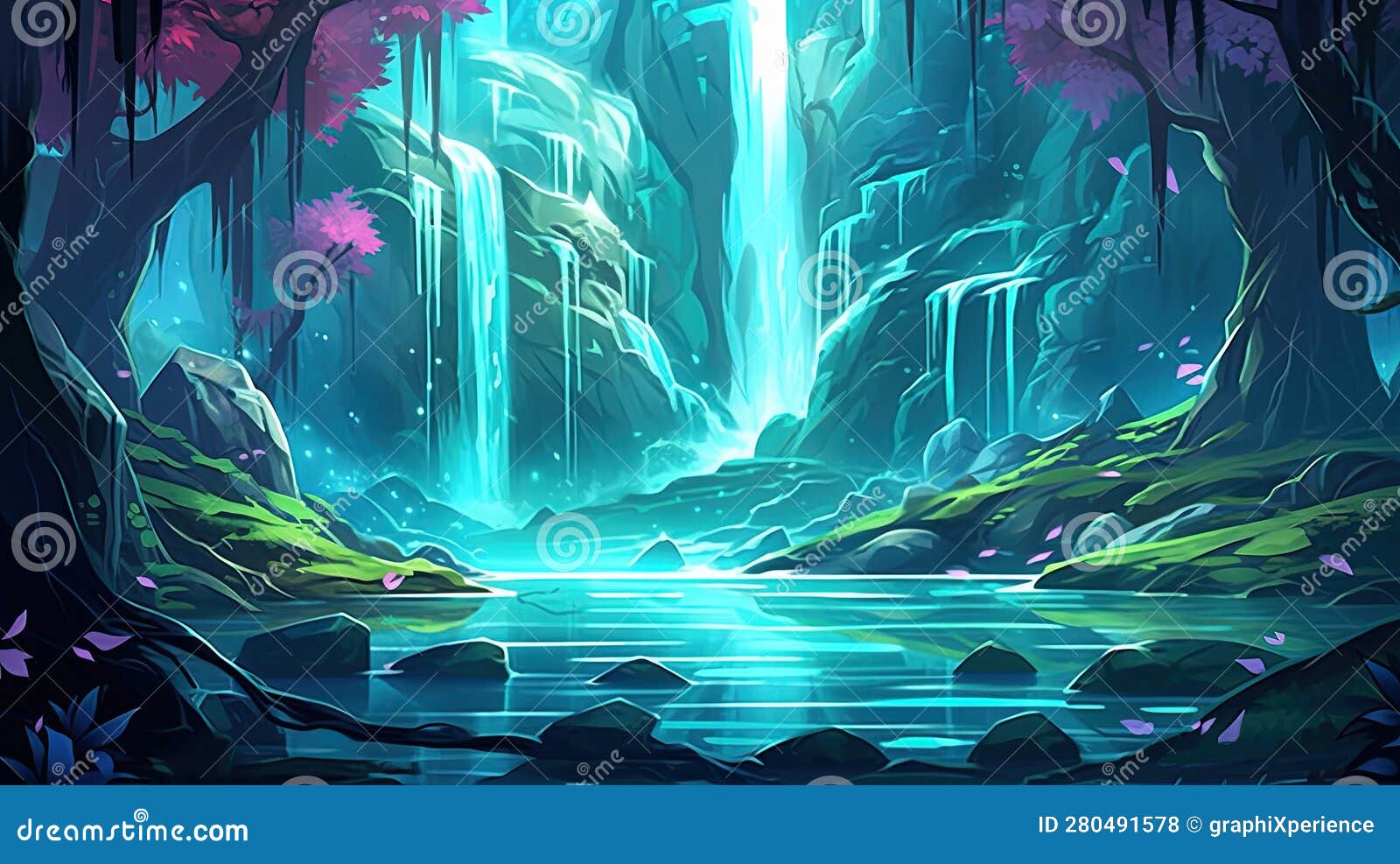 Glowing Waterfall at Night Illustration Stock Illustration ...
