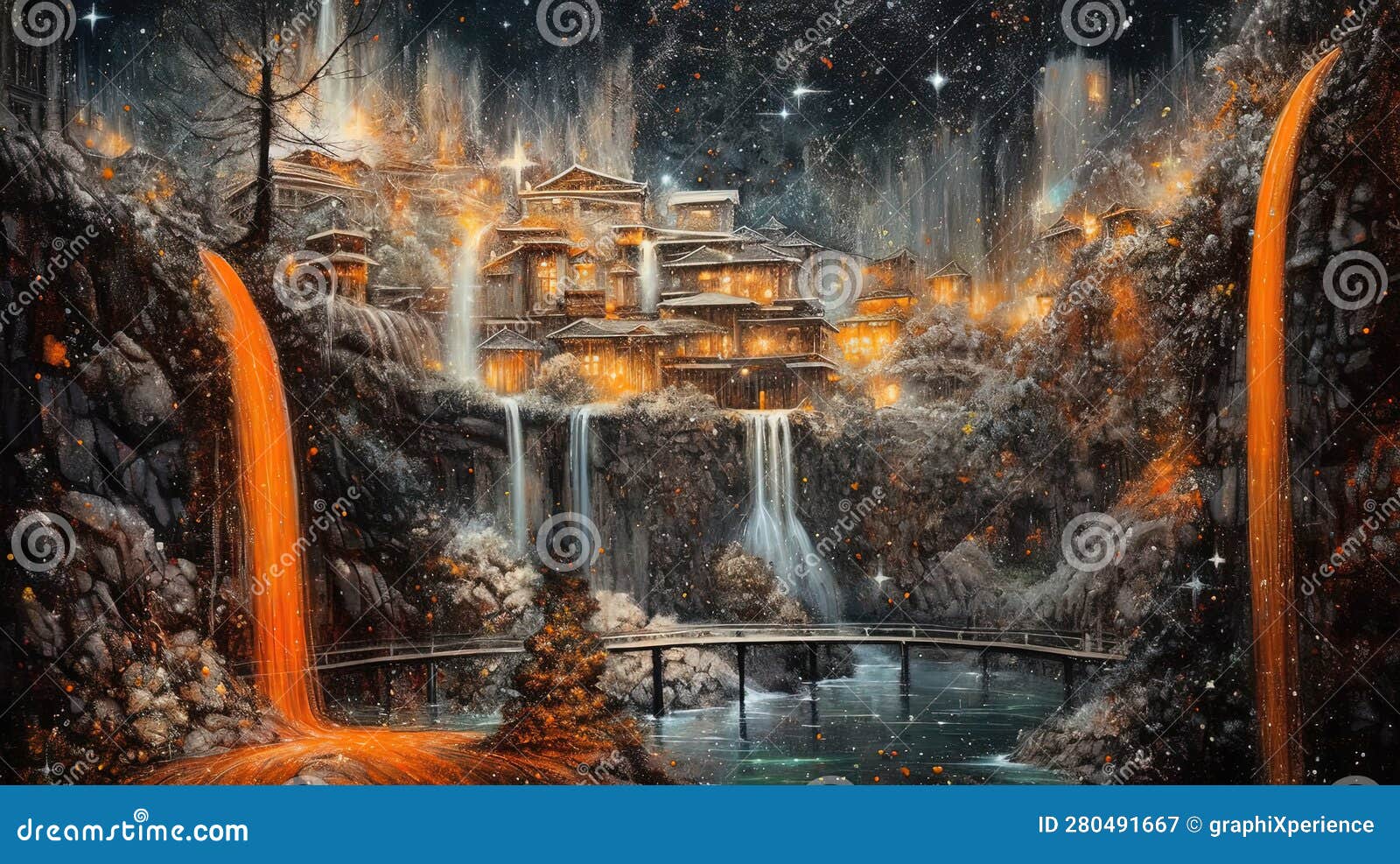 Glowing Waterfall at Night Illustration Stock Illustration ...
