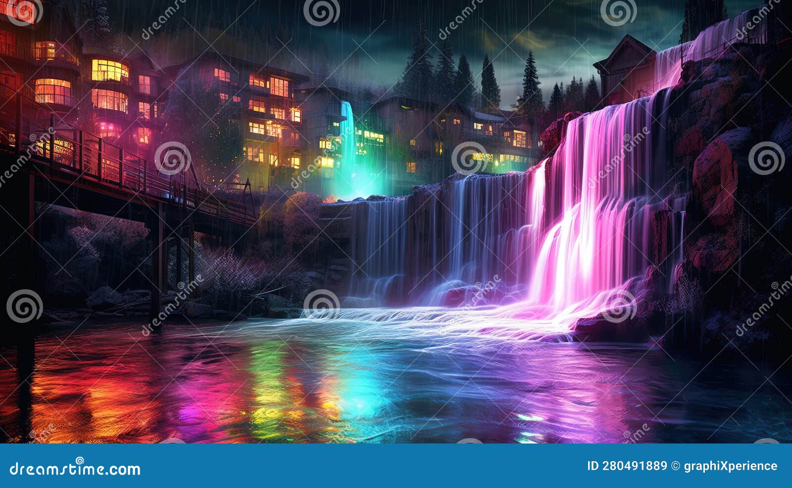 Glowing Waterfall at Night Illustration Stock Illustration ...