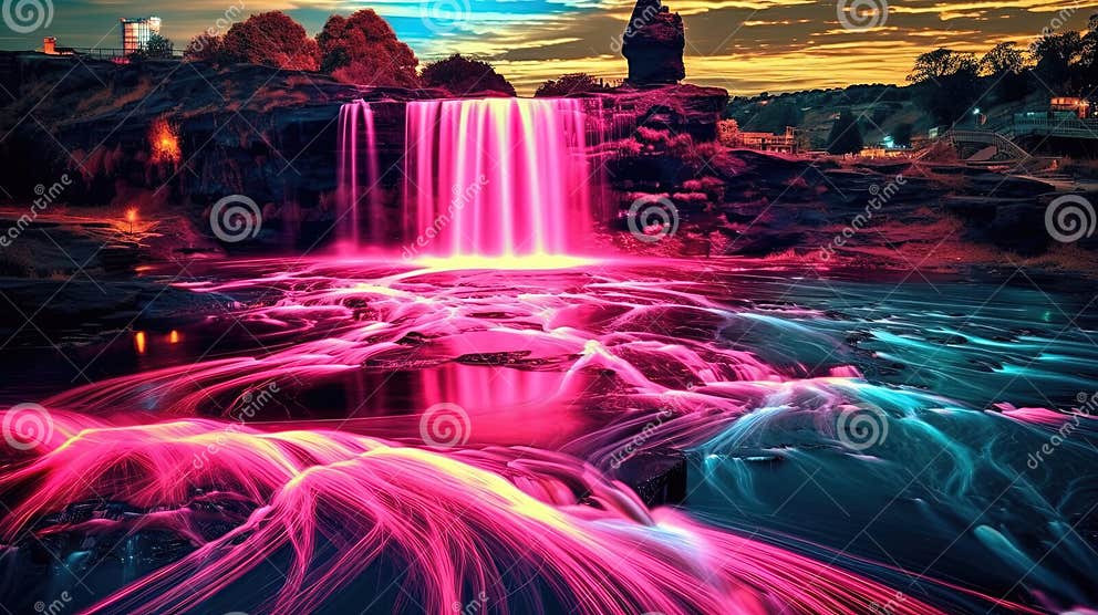 Glowing Waterfall at Night Illustration Stock Illustration ...