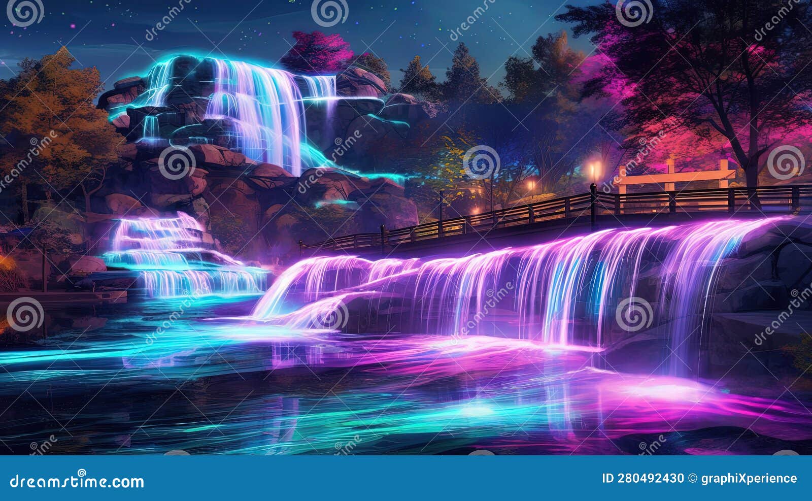 Glowing Waterfall at Night Illustration Stock Illustration ...