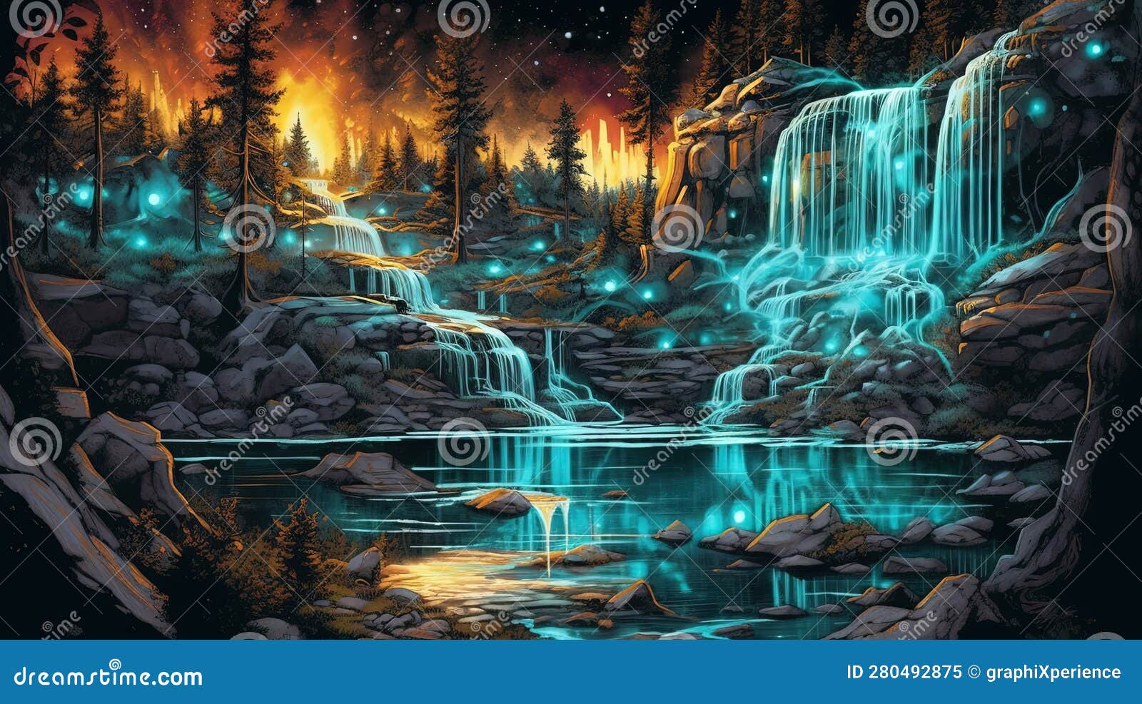 Glowing Waterfall at Night Illustration Stock Illustration ...