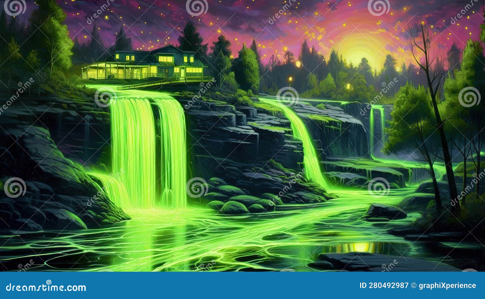 Glowing Waterfall at Night Illustration Stock Illustration ...