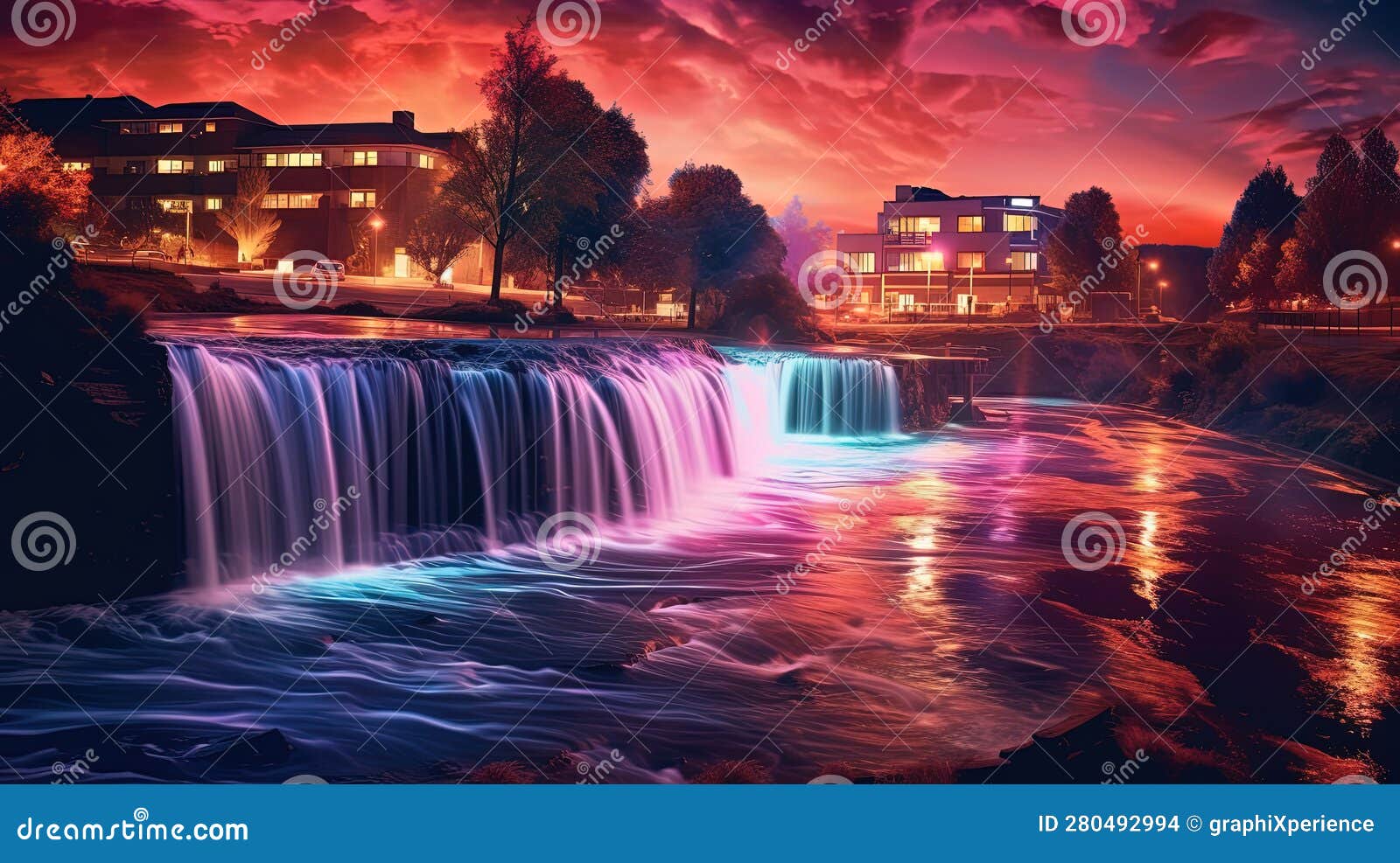Glowing Waterfall at Night Illustration Stock Illustration ...