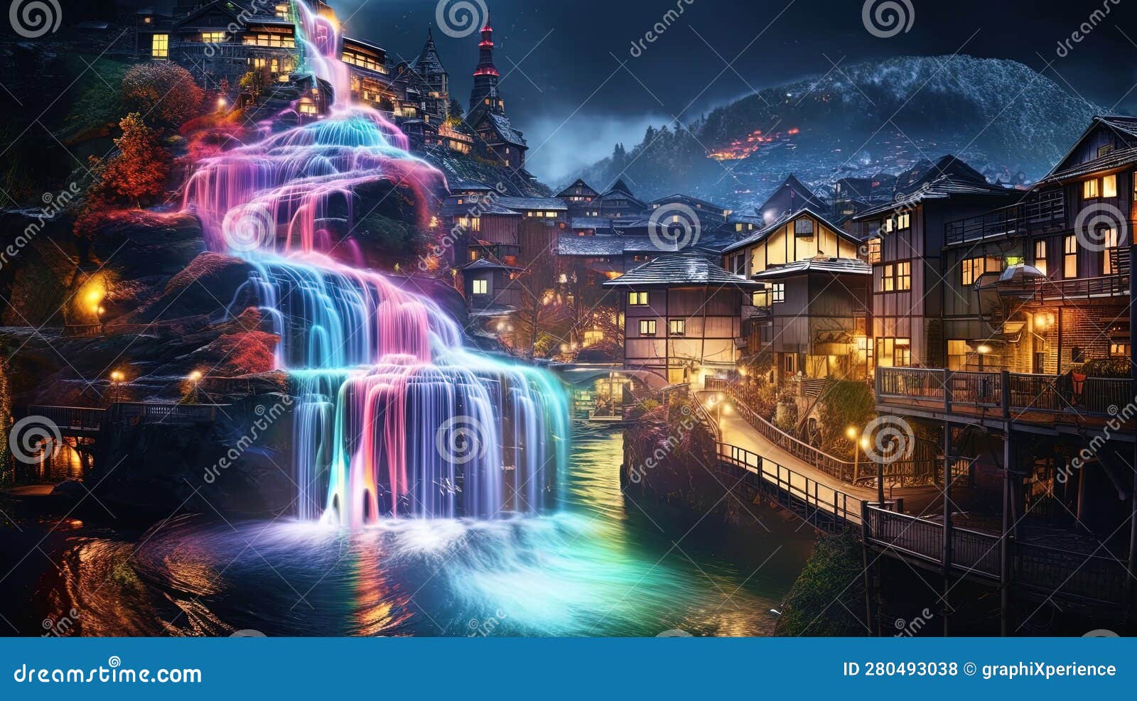 Glowing Waterfall at Night Illustration Stock Illustration ...