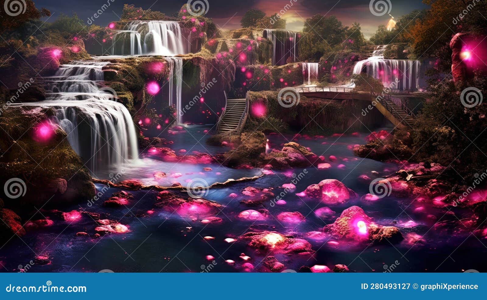 Glowing Waterfall at Night Illustration Stock Illustration ...