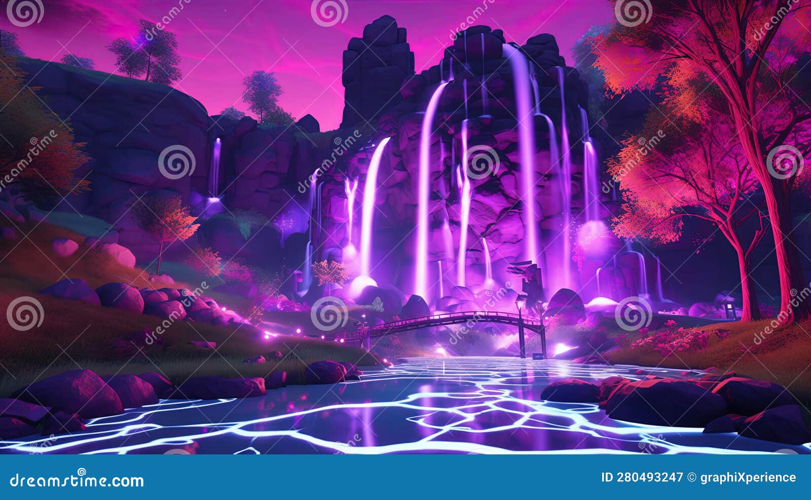 Glowing Waterfall at Night Illustration Stock Illustration ...