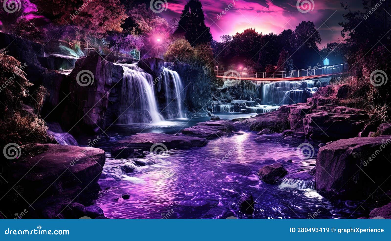 Glowing Waterfall at Night Illustration Stock Illustration ...