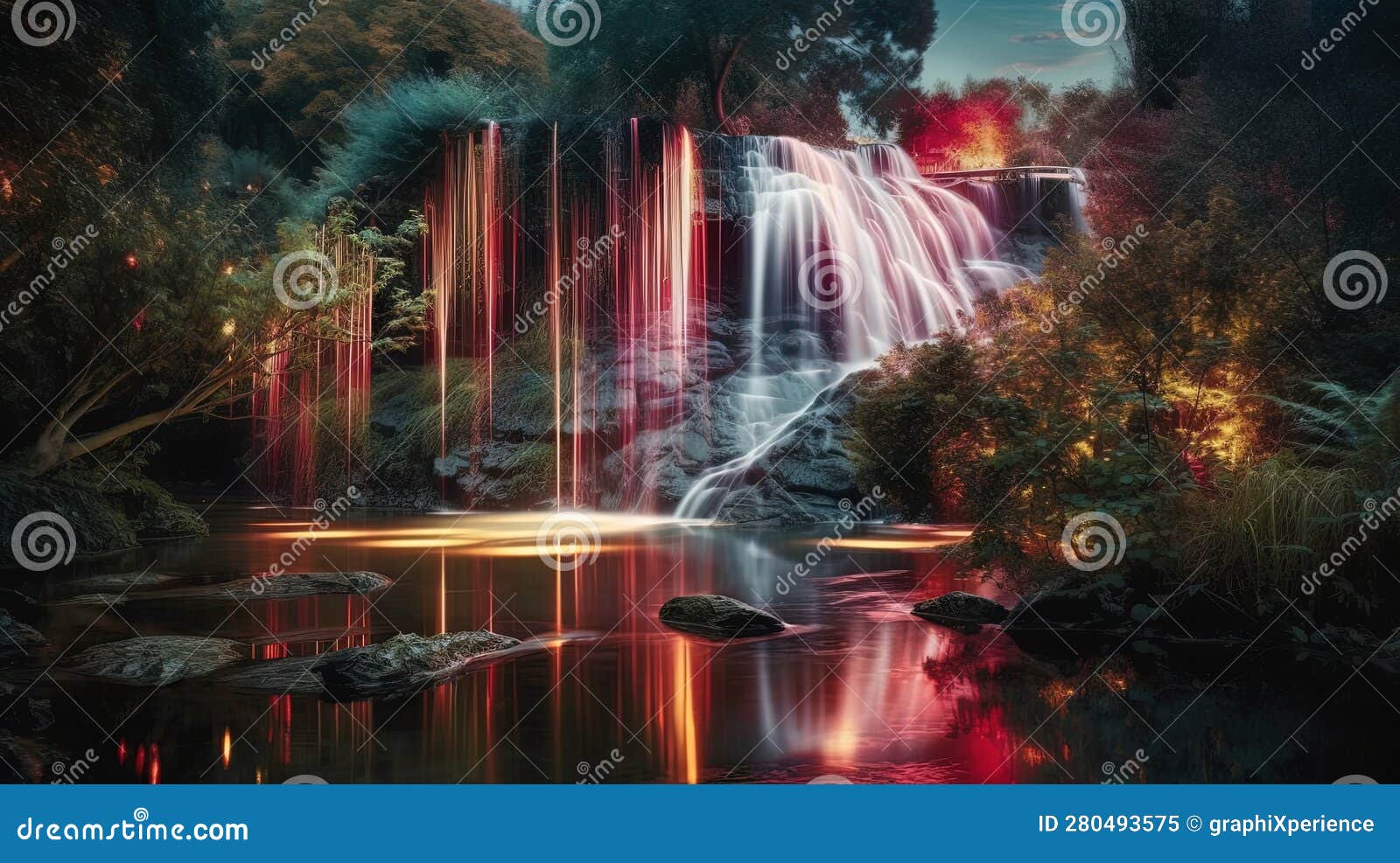 Glowing Waterfall at Night Illustration Stock Illustration ...