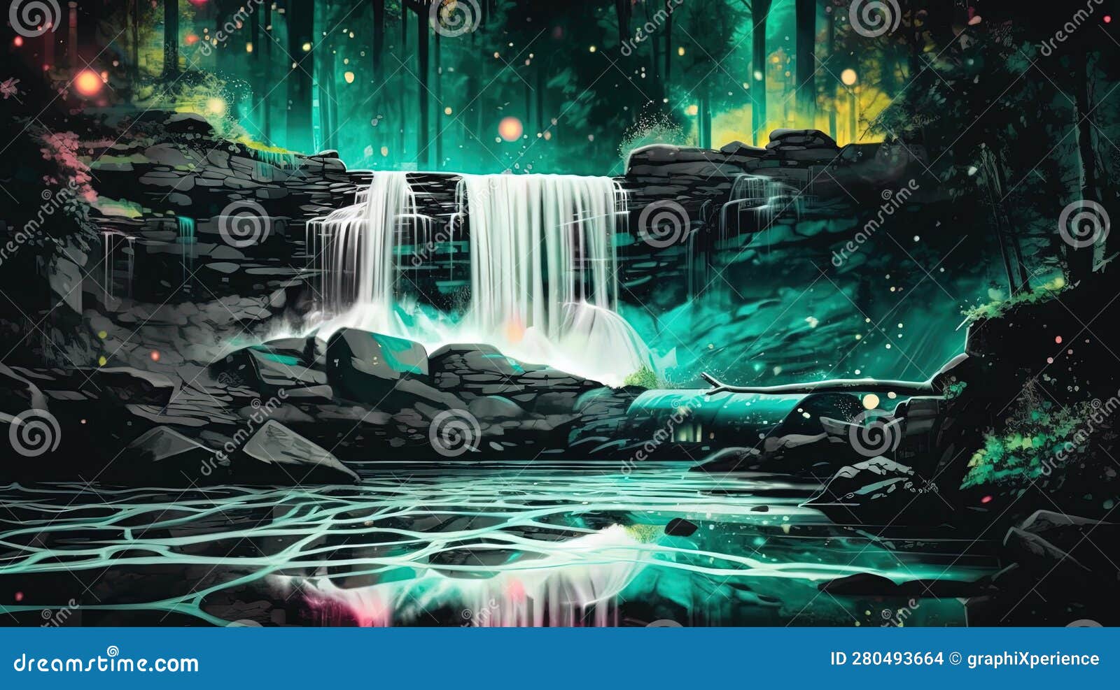 Glowing Waterfall at Night Illustration Stock Illustration ...