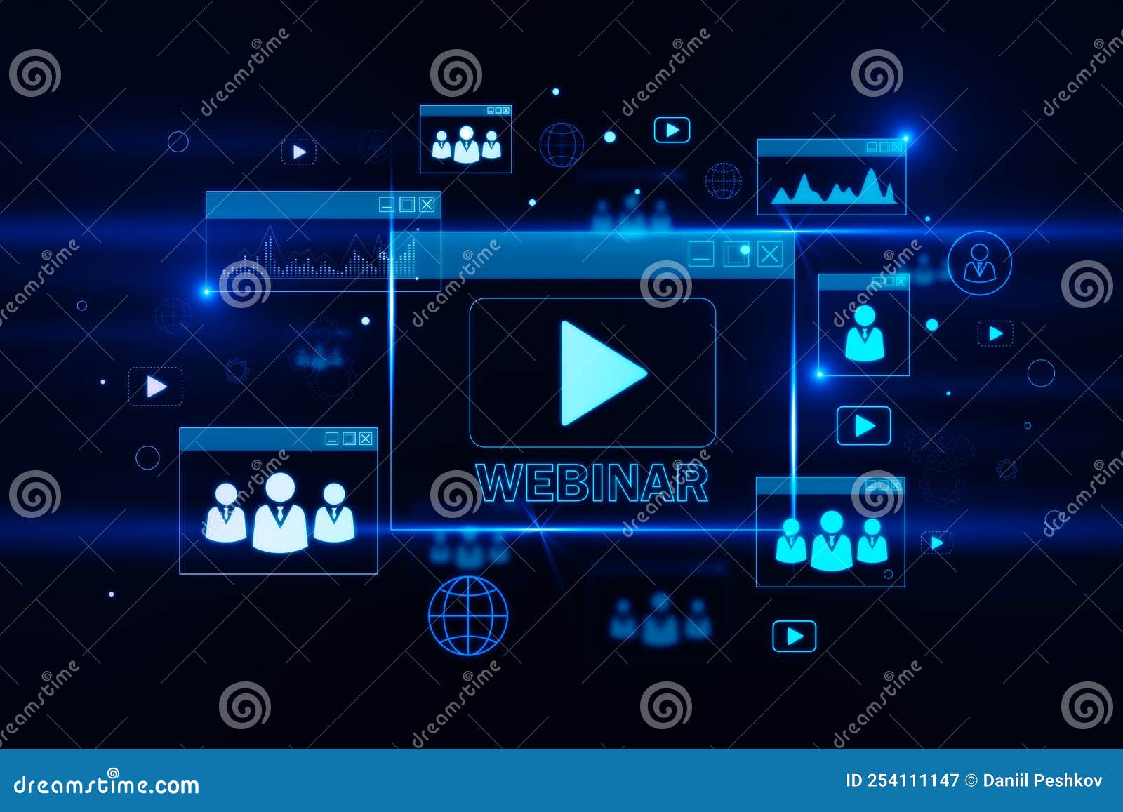 Glowing Webinar Hologram on Backdrop. Online Education and Technology ...