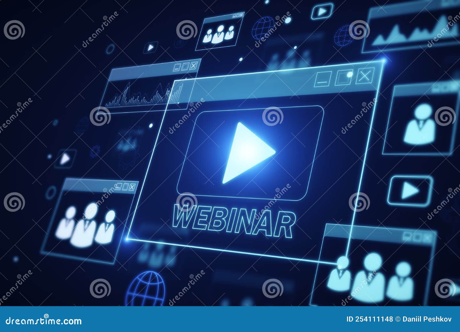 Glowing Webinar Hologram on Wallpaper. Online Education and Technology ...